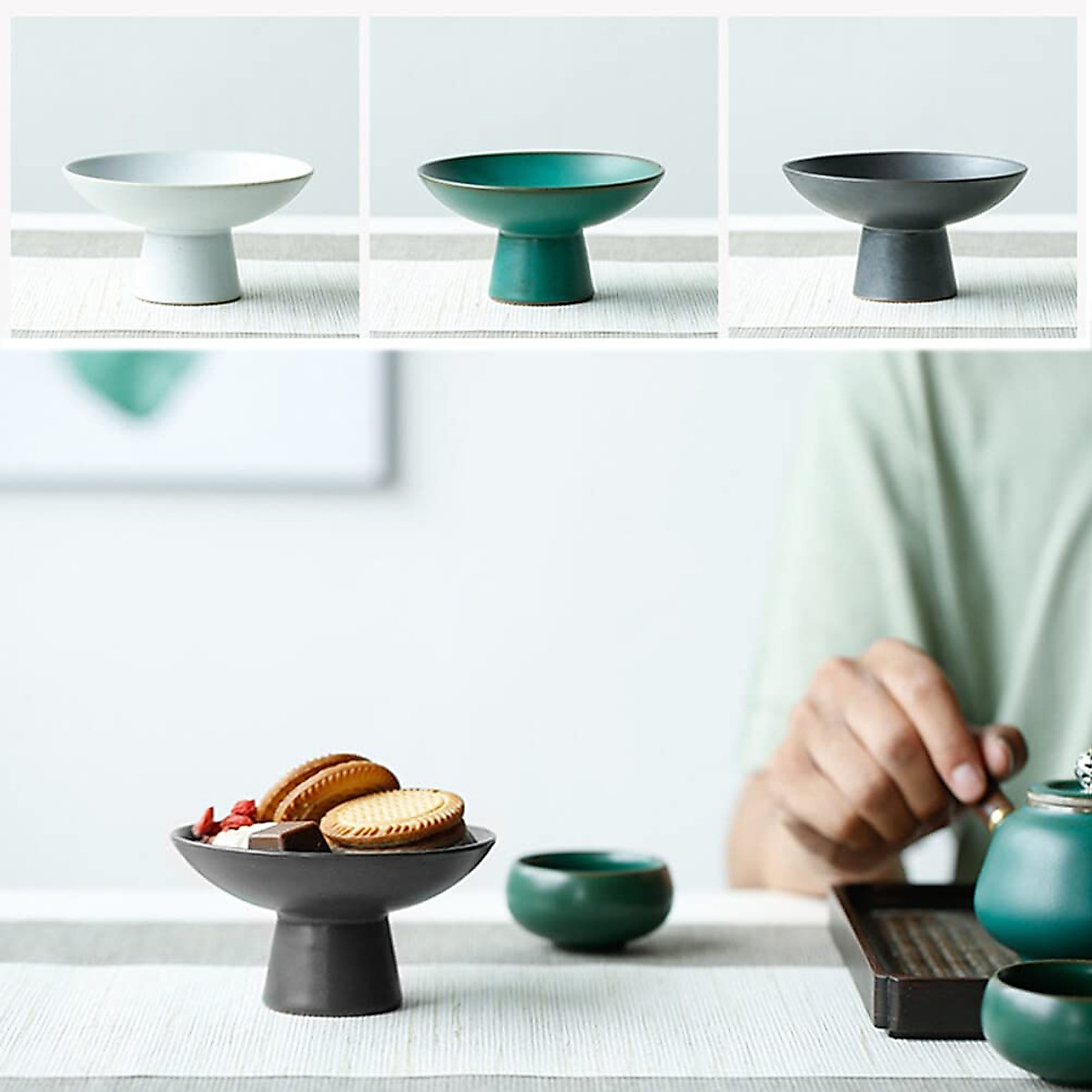 Luxshiny MINI Appetizer Plate 4.5inch SMALL Footed Ceramic Bowl Porcelain Pedestals Bowl MINI Decorative Fruit Bowl Vintage Round Serving Plate for Dried Fruit Candy Nuts Snacks Black