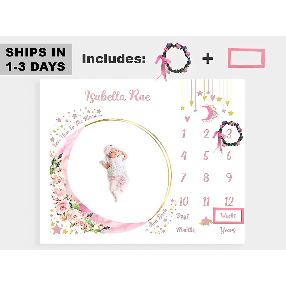 Farnodbaby Personalized Baby Milestone Blanket Moon and Stars Girls, Customized Milestone Blanket, Monthly Milestone Blanket, Baby Photo Prop Blanket, Baby Growth Age Chart, Baby Shower Keepsake Gift