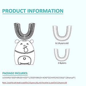 AIXIU Automatic Electric Toothbrush Kids with U Shaped Brushes, 360° Ultrasonic Toothbrush with 2 Different Size Brush Head, IPX7 Waterproof, Three Clearing Modes, for Toddlers Children Age 2-14