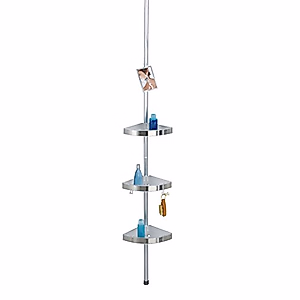 WENKO Telescopic Shower Corner Element Premium 3 Shelves, 2 Hooks and Mirror