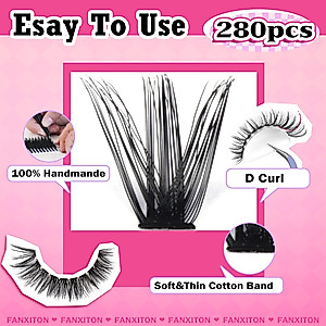 FANXITON DIY Lash Extension Kit - Volume Clusters 40D+50D D Curl Individual Lashes, Thick Eyelash Extension 280 pcs, Thin Band, Bond and Seal, Tweezers
