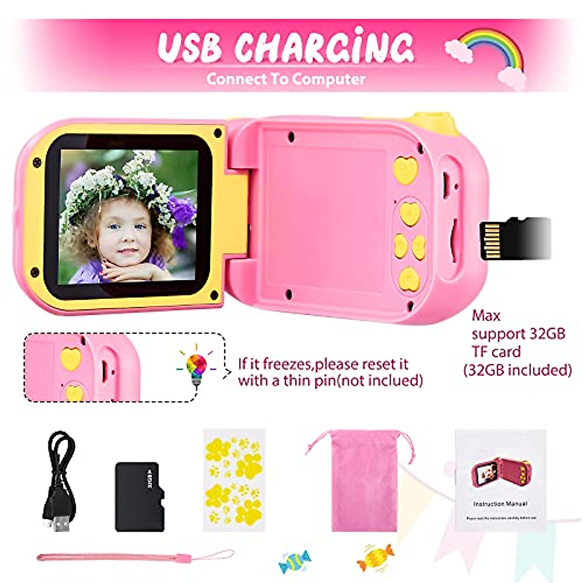SUZIYO Kids Video Camera Digital Camcorder, Birthday Gifts for Age 3 4 5 6 7 8 9 Boys and Girls, Children Videos Recorder Toy for Toddler HD 1080P 2.4 Screen with 32GB Micro SD Card- Pink