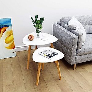 BAMEOS Bamboo Nesting Triangle End Table,Set of 2 Coffee Table Modern Minimalist Side Table for Living Room, Balcony in White