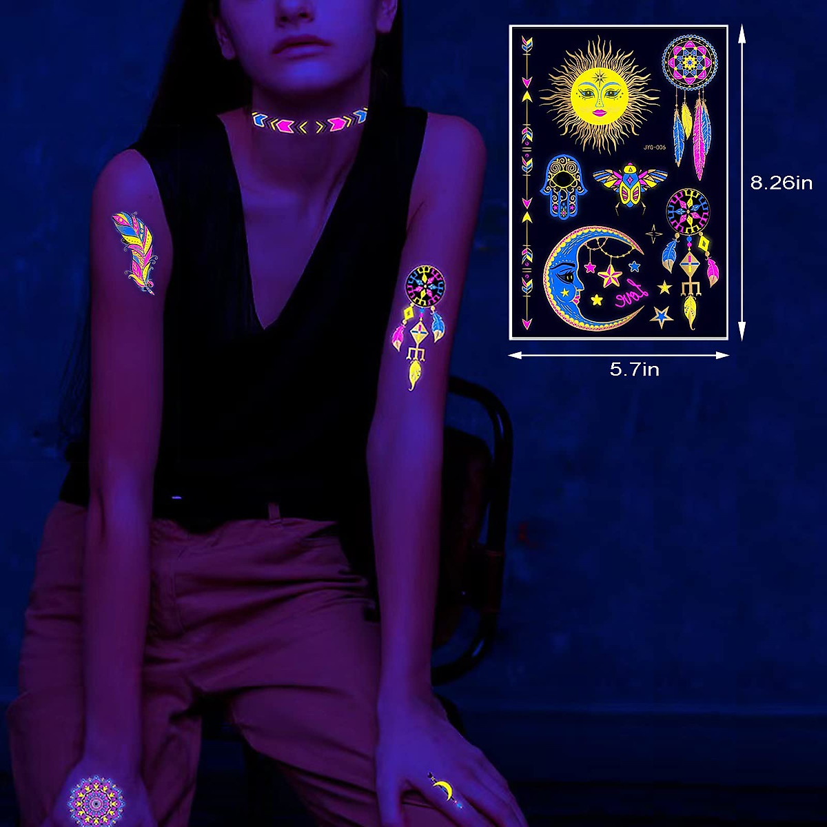 Neon Metallic Gold Temporary Tattoos Glow In The Dark UV Neon Tattoos Stickers 80 Glitter Styles Mandalas Feather Elephants Horns Party Decoration for Adults Kids