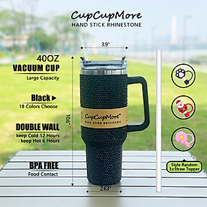 Cupcupmore 40oz Black Bling Rhinestone Stainless Steel Sippy Tumbler Glitter Vacuum Insulated Water Bottle with Straw & Lid &Handle,Thermos for Hot & Cold Drinks,Car Cup Holder,Coffee
