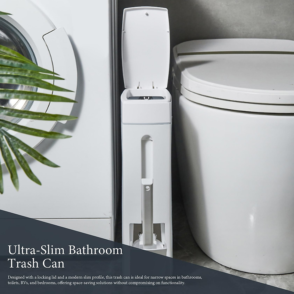 CurcKua Bathroom Trash Can Set 16.5x8x4.3in 1.2-Gallon Slim Bathroom Bin with Toilet Brush Holder Press-Opening White Rectangular Toilet Trash Can Slim Trash Can with Lid Rubbish Bin Waste Paper Bin