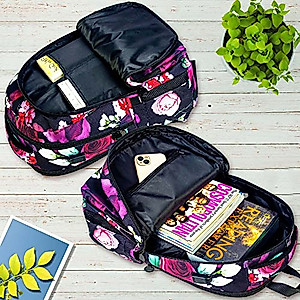 FTJCF Laptop Backpack, 16 Inch School Bag College Bookbag, Anti Theft Daypack Bags and Lunch Bag Set, Water Resistant Rose Backpacks for Teens Girls Women Students (Black)
