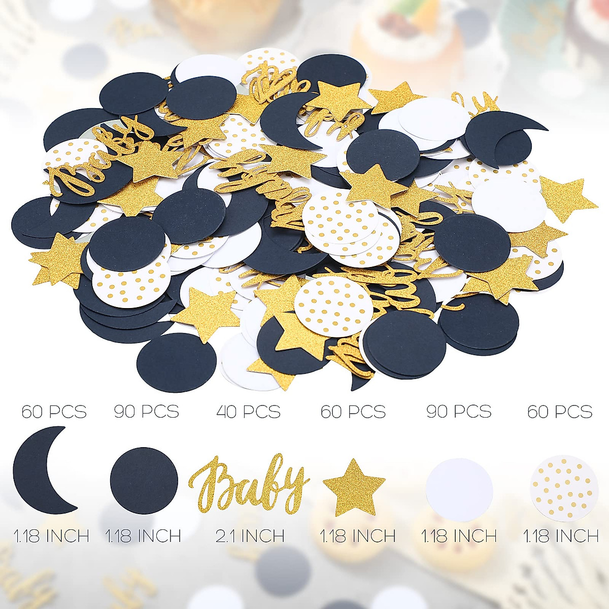 400 Pcs Navy Blue Baby Shower Confetti Moon and Star Baby Shower Decorations Eid Ramadan Mubarak Decoration Gold White Star Moon Confetti Scatter for Gender Reveal Decor