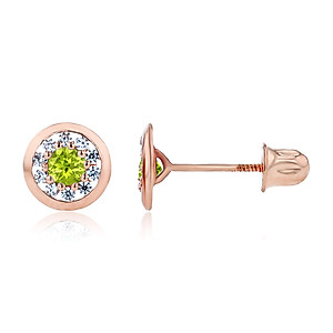 Solid 14K Rose Gold 6mm Circle 2.50mm Natural Green Peridot August Birthstone Screwback Stud Earrings For Women | 1mm Created White Sapphire Pave Circle Screwback Earrings For Women