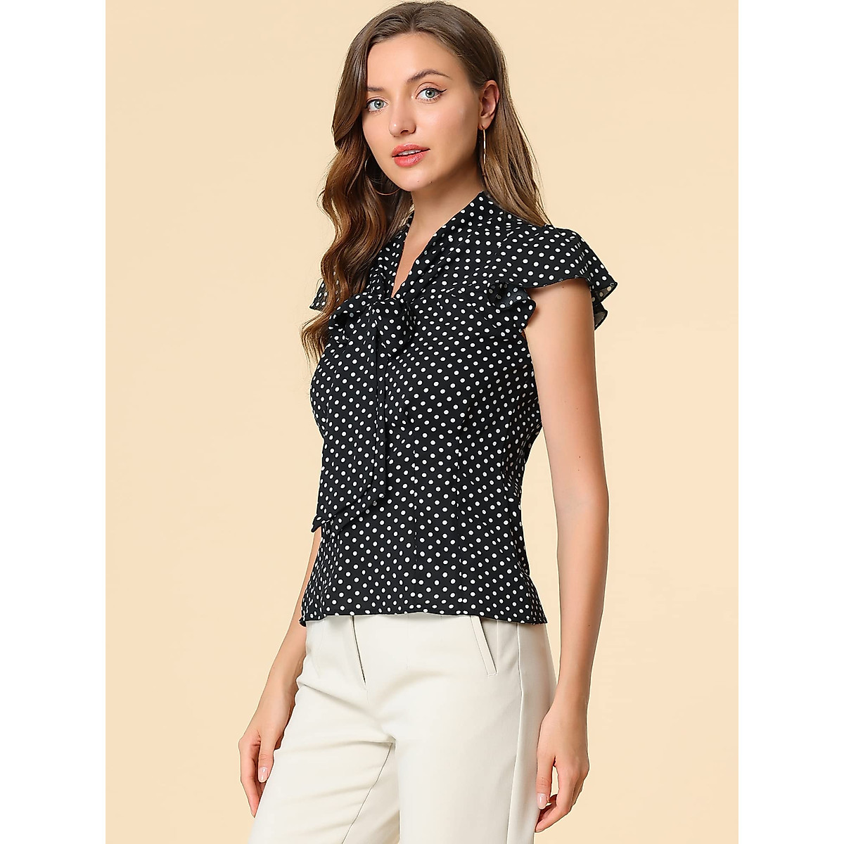 Allegra K Women's Polka Dots Tie Neck Blouse Summer Ruffled Cap Sleeve Office Top Medium Black
