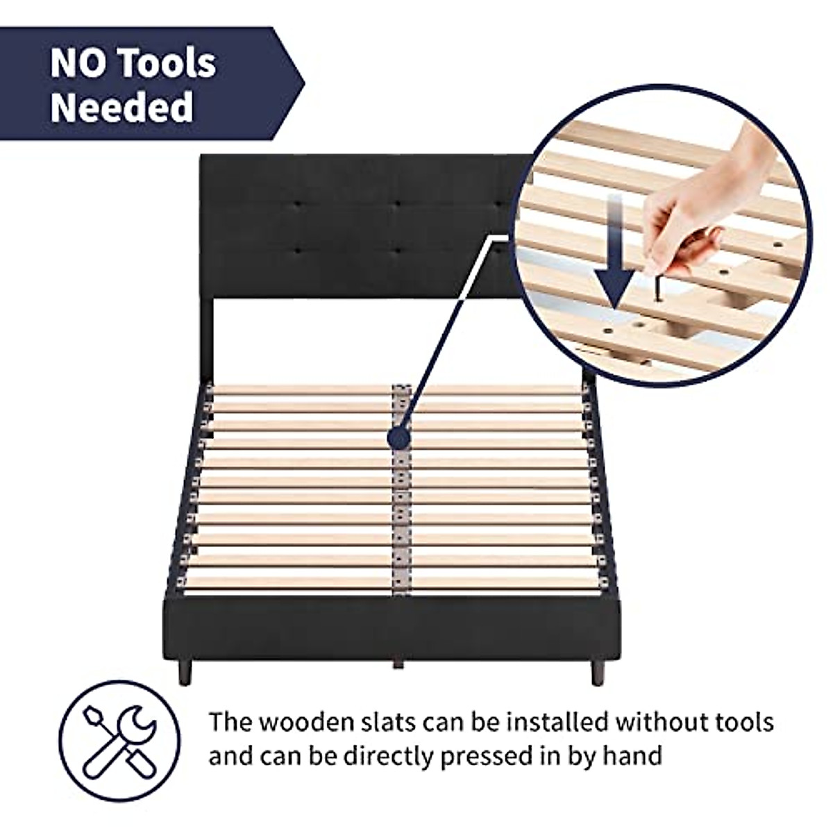 ZAFLY Platform LED Bed Frame Queen Size,Upholstered Queen Bed Frame with Adjustable Headboard,Queen Size Bed with RGB LED Strip Light,Wooden Slats Support,No Box Spring Needed,Easy Assembly,Black