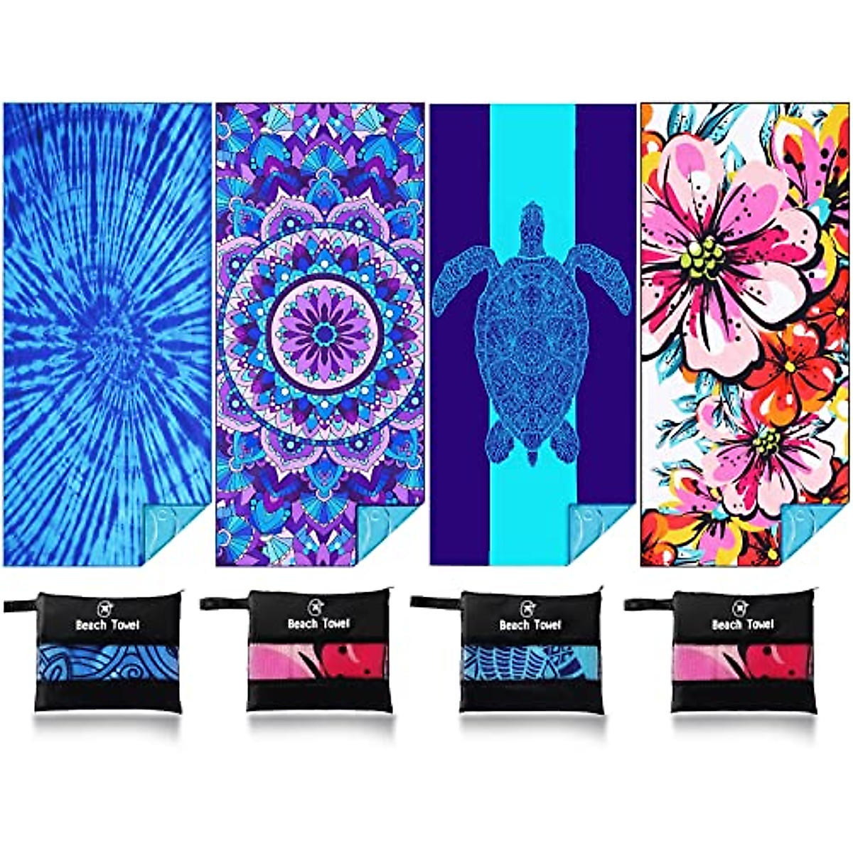 4 Pack Lightweight Thin Beach Towel Oversized 71"x32" Big Extra Large Microfiber Sand Free Towels for Adult Quick Dry Travel Camping Beach Accessories Vacation Gift Turtle Tie Dye Mandala Flower