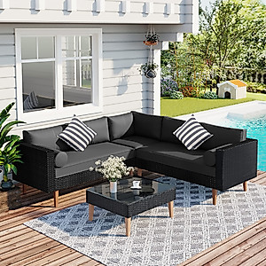 Merax 4 Pieces Patio Conversation Sets,Outdoor Rattan Sectional Sofa Couch Furniture with Cushions Pillows and Coffee Table, Black