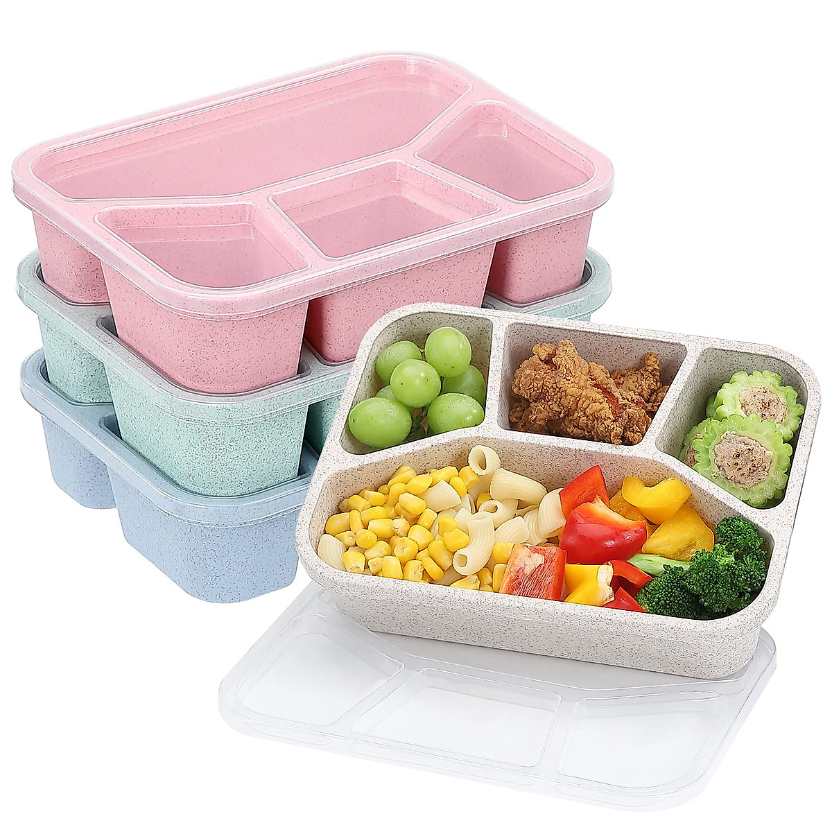 buluker 4 Pack Bento Lunch Box Set 4 Compartment Food Storage Containers Wheat Straw Meal Prep Lunch Box Plastic Food Storage Containers, Microwave and Dishwasher Safe (4 Compartment)
