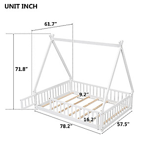 Luxo Abode Full Size Montessori Floor Bed with Tent-Shaped and Guardrails Fence, Pine Wood Bed Frame w/Slats & Door, Easy Assembly, for Toddlers, Children's Room, Playroom, White