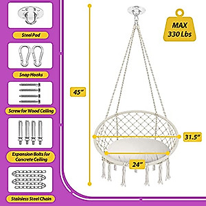 Patio Watcher Hammock Chair Hanging Macrame Swing with Cushion and Hardware Kits, Max 330 Lbs, Handmade Knitted Mesh Rope Swing Chair for Indoor, Outdoor, Bedroom, Patio, Yard, Deck, Garden, Beige