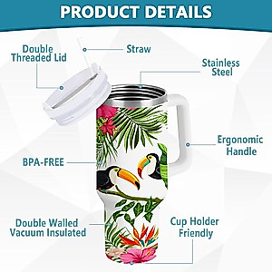 Burbuja Toucans Hibiscus 40oz Insulated Tumblers with Handle and Straw Lid, Double Wall Stainless Steel Travel Mug Leak-Proof, BPA Free, Gift for Mom Dad