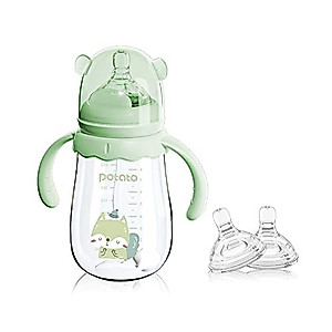 POTATO Glass Baby Bottles, Anti-Colic Breastfeeding Bottles with Fast Flow Nipple, Suitable for Babies 6-12 Months, 2 Replaceable Nipples, 8 oz, Green