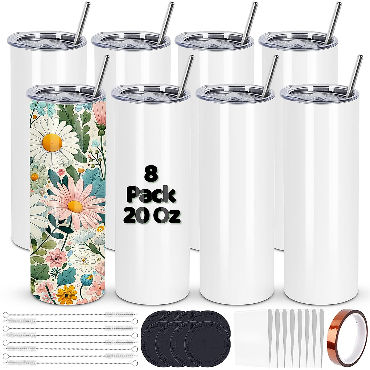 Maucircol 8 Pack Sublimation Tumblers Bulk, 20 oz Sublimation Tumbler Blank, Stainless Steel Sublimation Cups with Lid and Straw, Shrink Wrap, Sublimation Paper, Individually Boxed