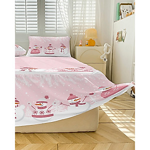 Pink Christmas Wrap Around Pleated Bed Skirts for Twin XL Bed 39x80, Decorative Dust Ruffle Bed Sheet & Bedskirt 18'' Drop Bedspread with Pillow Case 20x30 Snowman Snowflake Pine Tree Leaves