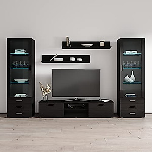 MEBLE FURNITURE & RUGS SOHO 4 Modern Wall Unit with 16 Colors LED Lights (Black)