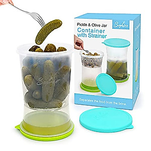 SOPHICO Pickle and Olives Jar Container with Strainer, 56oz Leak-proof Juice Separator Sieve Food Saver Storage Containers (Large Size)