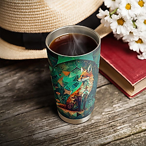 20oz Green Jade Stained Glass Crystal Mosaic Fox Tumbler, Gifts for Fox Lovers, Coffee Thermos for Women, Stainless Steel Double Wall Vacuum Insulated Coffee Mug, Travel Cup with Lid