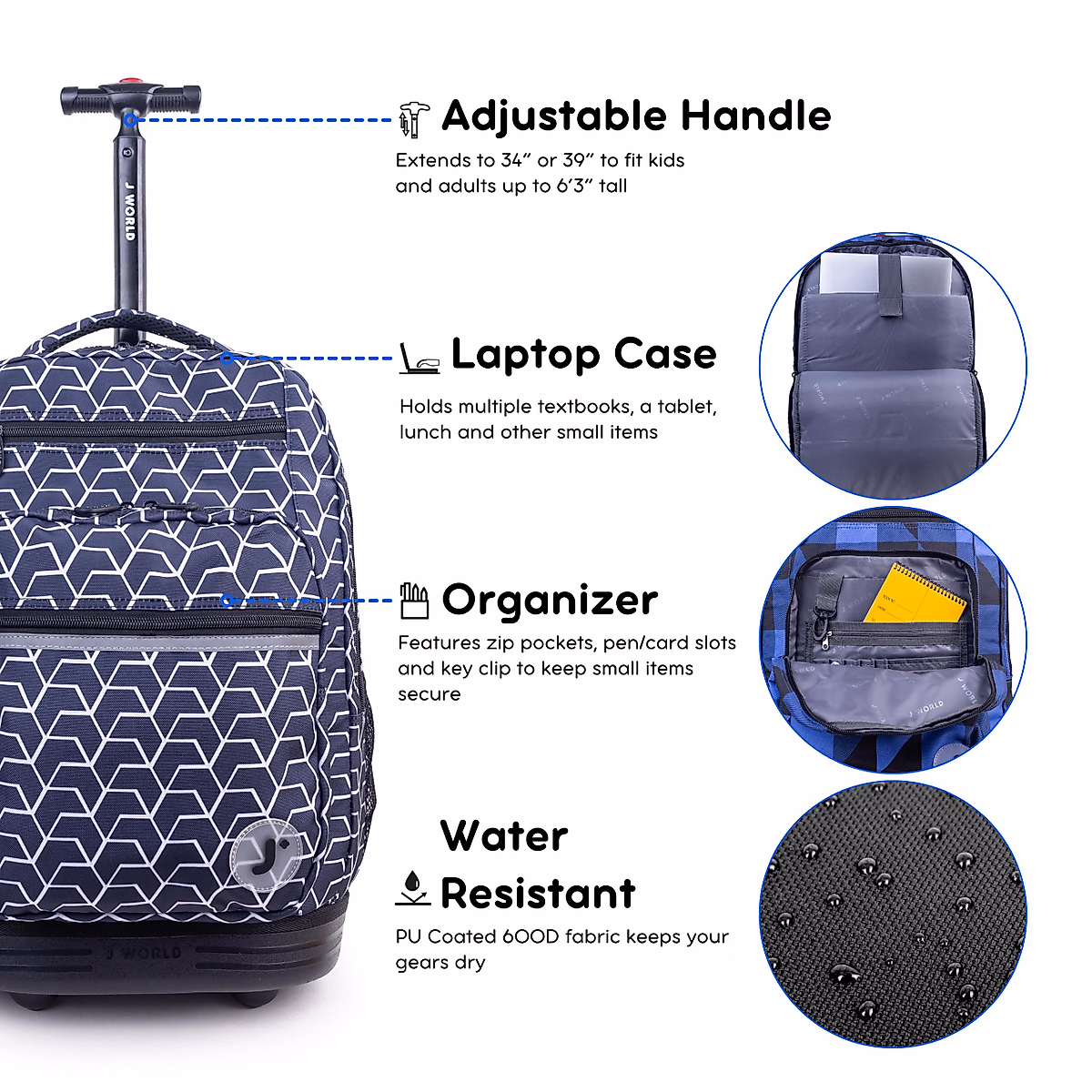 J World New York Sundance Rolling Backpack Girl Boy Roller Bookbag, Black and White, 20 X 13 X 9 (H X W X D)