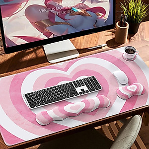 iLeadon Keyboard Mouse Pad Set, Large Gaming Mouse Pad + Keyboard Wrist Rest + Mouse Pad with Wrist Support + Coaster, Easy Typing Pain Relief, Desk Mat Set, Valentines Day Gifts for Her, Pink Heart