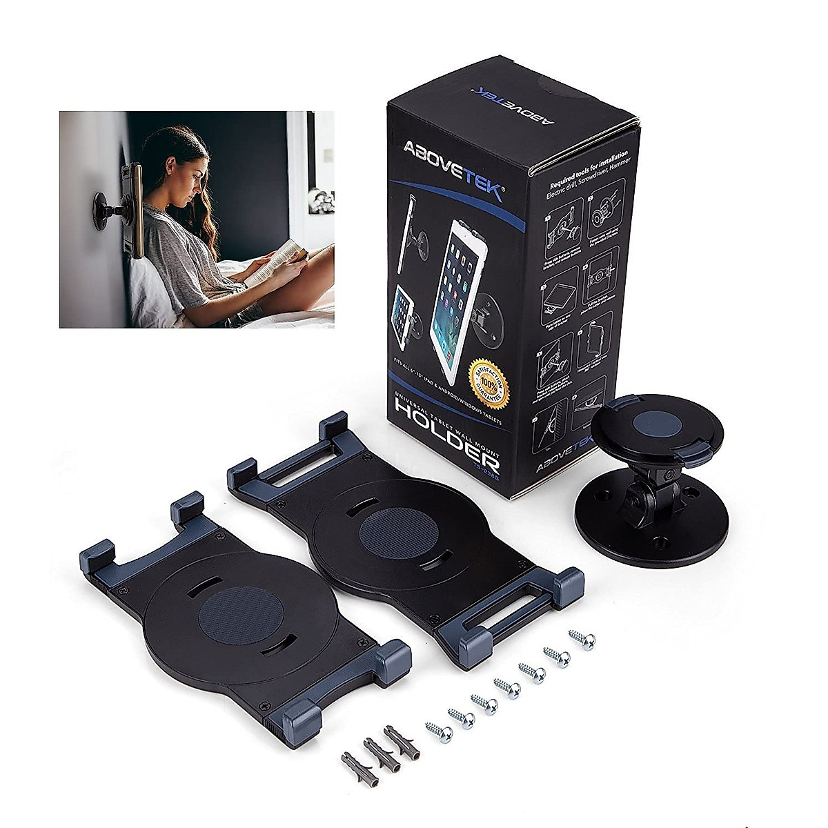 AboveTEK iPad Wall Mount, Swivel 360° Rotating Tablet Holder Two Brackets to Fit 6-13" Tablets, Horizontal/Vertical Tilt iPad Arm for Flexible Viewing Angles in Kitchen Showroom Retail Store (Black)