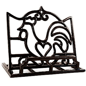 MINLUFUL Recipe Book Holder, Sturdy Cast Iron Metal Cookbook Stand for Kitchen Counter, Vintage Farmhouse Rooster Decoration Recipe Holder Cook Book Stand, Coffee Gold