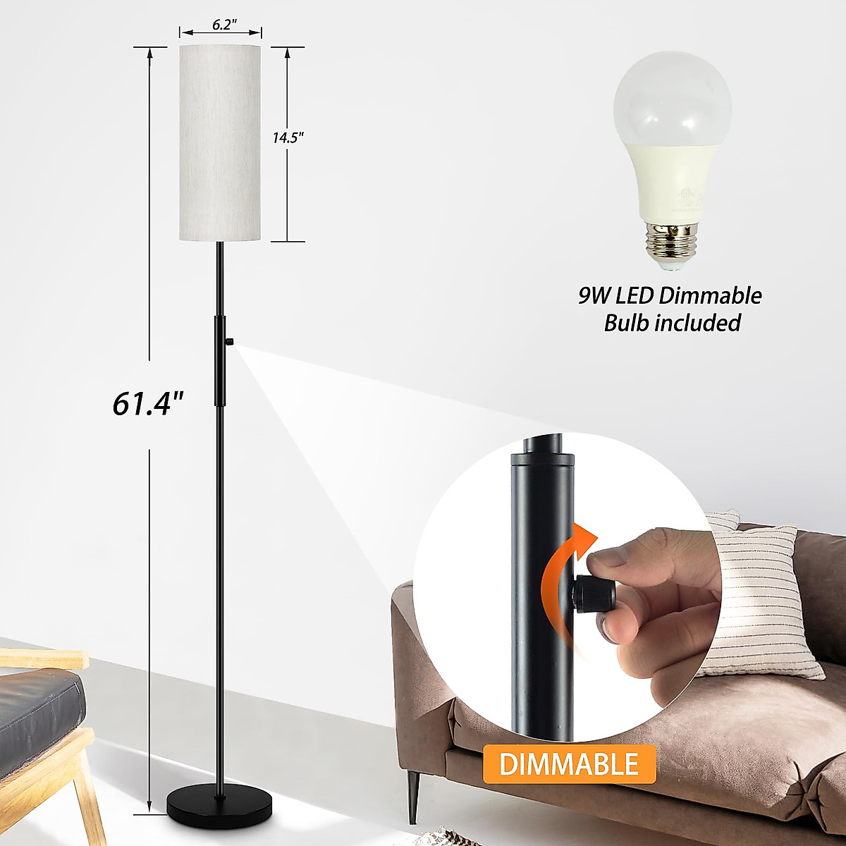 Floor Lamps for Living Room, Modern Standing Lamp, Minimalist Pole Lamp, Stepless Dimmable 9W Bulb Included, Tall Lamp with Linen Shade, Lamps for Bedroom, Office, Kids Room, Reading Light