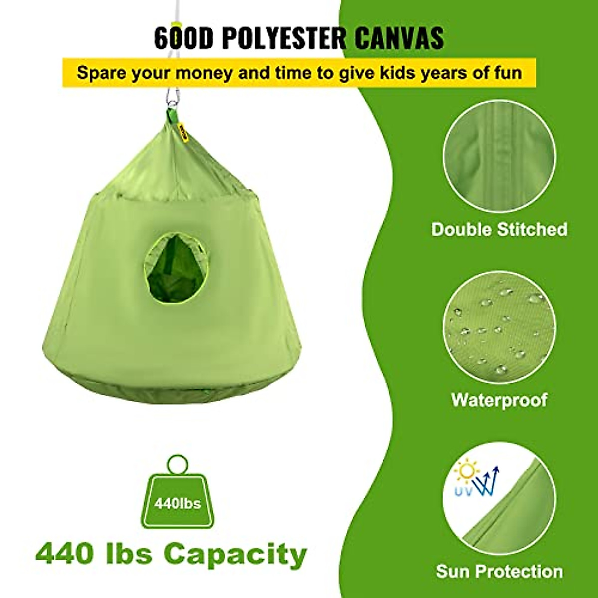 VEVOR Hanging Tree Tent, Max.440lbs Capacity, Tree Tent Swing Hangout Hugglepod with LED Rainbow Decoration Light Inflatable Cushion, Ceiling Hammock Tent for Kids & Adult Indoor Outdoor, Green