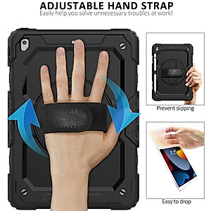 iPad 9th/8th/7th Generation Case, iPad 10.2 Case 2021/2020/2019, [Kid Proof] ambison Full Body Protective Case with 9H Tempered Glass Screen Protector, 360° Rotatable Kickstand & Hand Strap (Black)