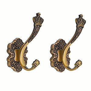 CasaVogue Coat Hooks Wall Mount Closet Hooks Antique Brass Towel Hooks Key Hanger Hat Holder on Wall Vintage Brass Decorative Wall Hooks (2 Pack, Crown Shaped)