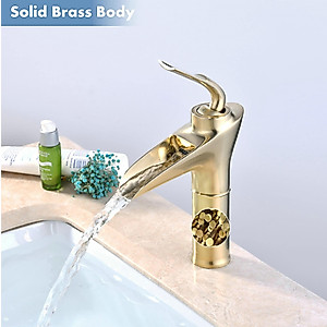 SHUNLI Waterfall Bathroom Faucet Brushed Gold Bathroom Sink Faucet,Single Hole Single Handle Lavatory Vanity Bath Faucet Commercial,Solid Brass