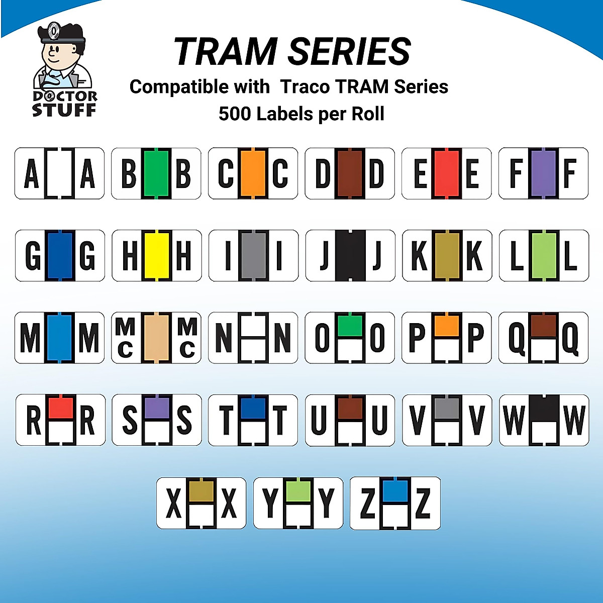 Doctor Stuff - File Folder Labels, Alphabet Letter W, Traco - Tram Series Compatible Alpha Stickers, Black, 15/16" x 1-5/8", 500/Roll