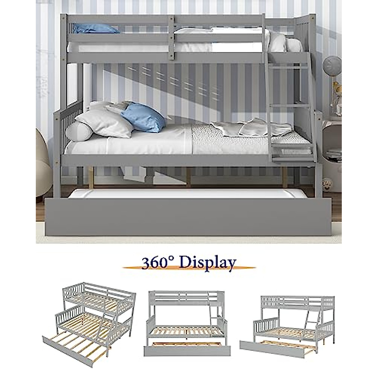 Tatub Twin Over Full Bunk Bed with Trundle, Solid Pine Wood Frame and Ladder with Guard Rails for Kids, Teens, Boys and Girls, No Box Spring Needed, Bunk Bed Grey
