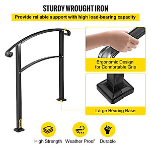 Happybuy 3-Step Transitional Handrail Fits 1 or 3 Steps Matte Stair Rail Wrought Iron Handrail with Installation Kit Hand Rails for Outdoor Steps (Unadjustable) (Black)