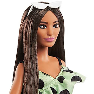 Barbie Fashionistas Doll #200 with Brunette Hair, Lime Green Polka Dot Romper & Barbie Accessories