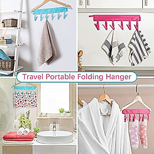 Pansyling 4PCS Foldable Travel Hanger Cloth Hanger Bathroom Towel Rack Clothespin Easy-to-Pack Laundry Clips Clothesline Portable Drying Hanger with 6 Clips for Socks Towels Underwear, Blue