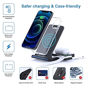 Wireless Charger 3 in 1 Wireless Charging Station Qi Fast Charger Stand for iPhone 13/12/11/Pro/Max/XR/XS/XS Max/X /8/8 Plus, Apple Watch, Airpods 2/Pro, Samsung Galaxy Phone with 18W Adapter, Black