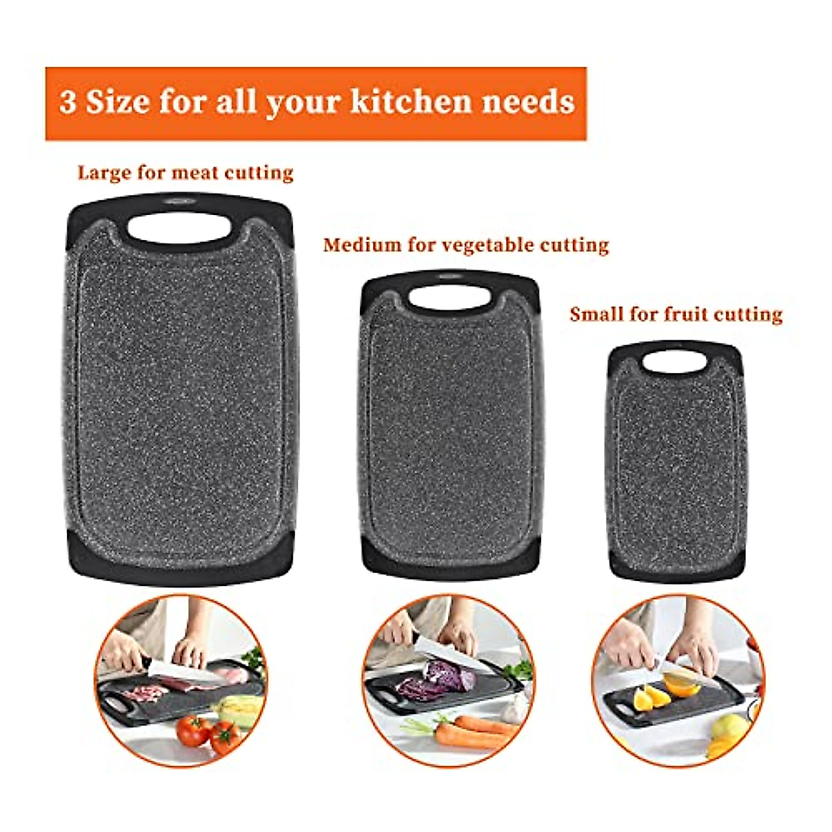 Cutting Board, Lccowot 3PCS Plastic Cutting Boards With Non-Slip Feet and Deep Drip Juice Groove, Easy Grip Handle Chopping Board for Meat, Veggies, Fruits, BPA Free, Dishwasher safe