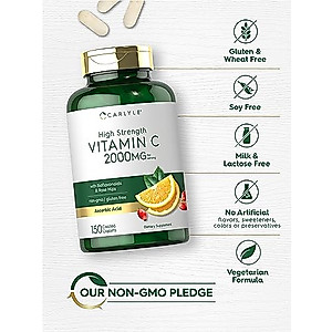 Vitamin C 2000mg | with Rose Hips | 150 Caplets | Vegetarian, Non-GMO, Gluten Free Supplement | by Carlyle