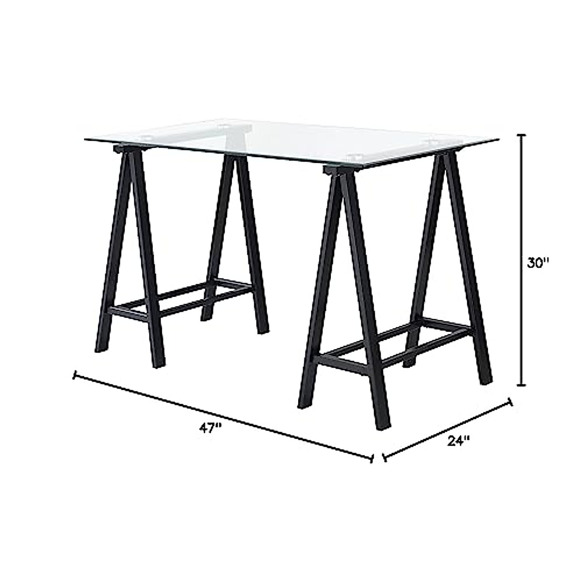OSP Home Furnishings Middleton 47 Inch Desk with Clear Beveled Glass Top, Black Base