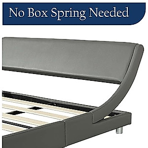 Queen Size Leather Upholstered Platform Bed Frame with Comfortable Headboard and Footboard, Modern Curve Design Platform Bed with Sturdy Bed Frame/Wood Slats Support/Easy Assemble for Bedroom (Grey)