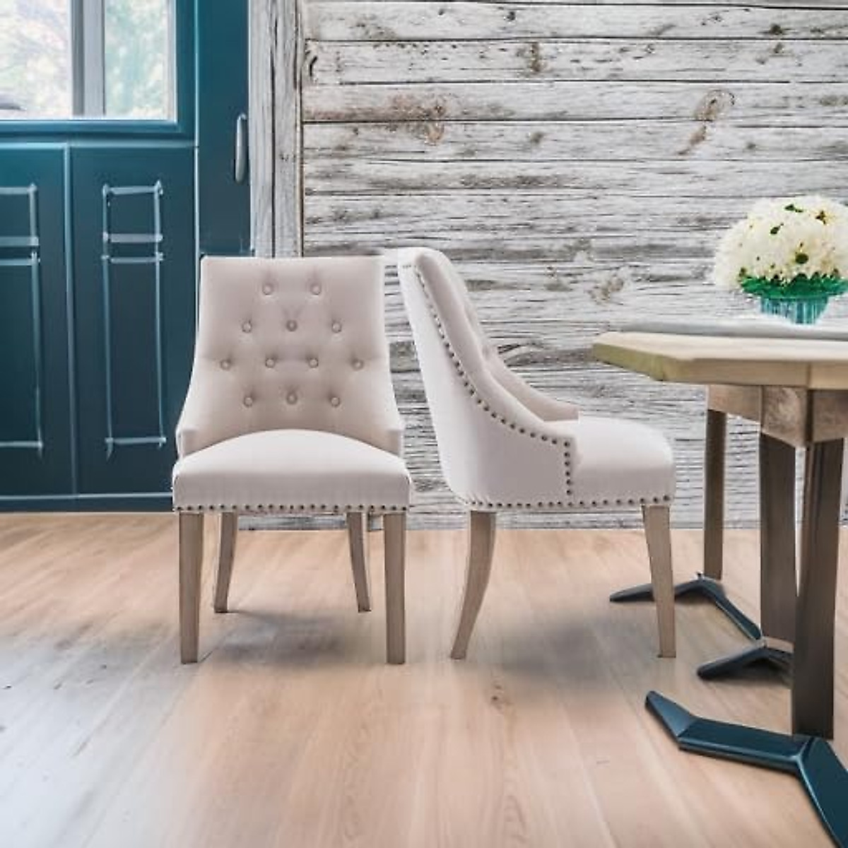 NOBPEINT Dining Chair Beige Fabric Leisure Padded Ring Chair, Nailed Trim, Set of 2