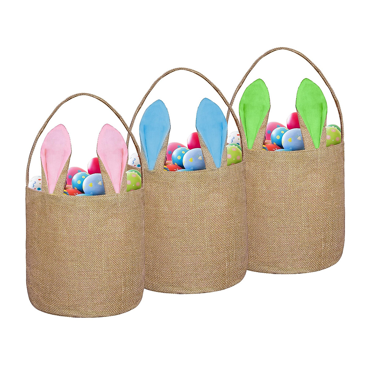 Ekoropshop 3 Pack Easter Bunny Bags for Kids Easter Jute Burlap Easter Egg Basket with Ears for Easter Egg Hunts Party