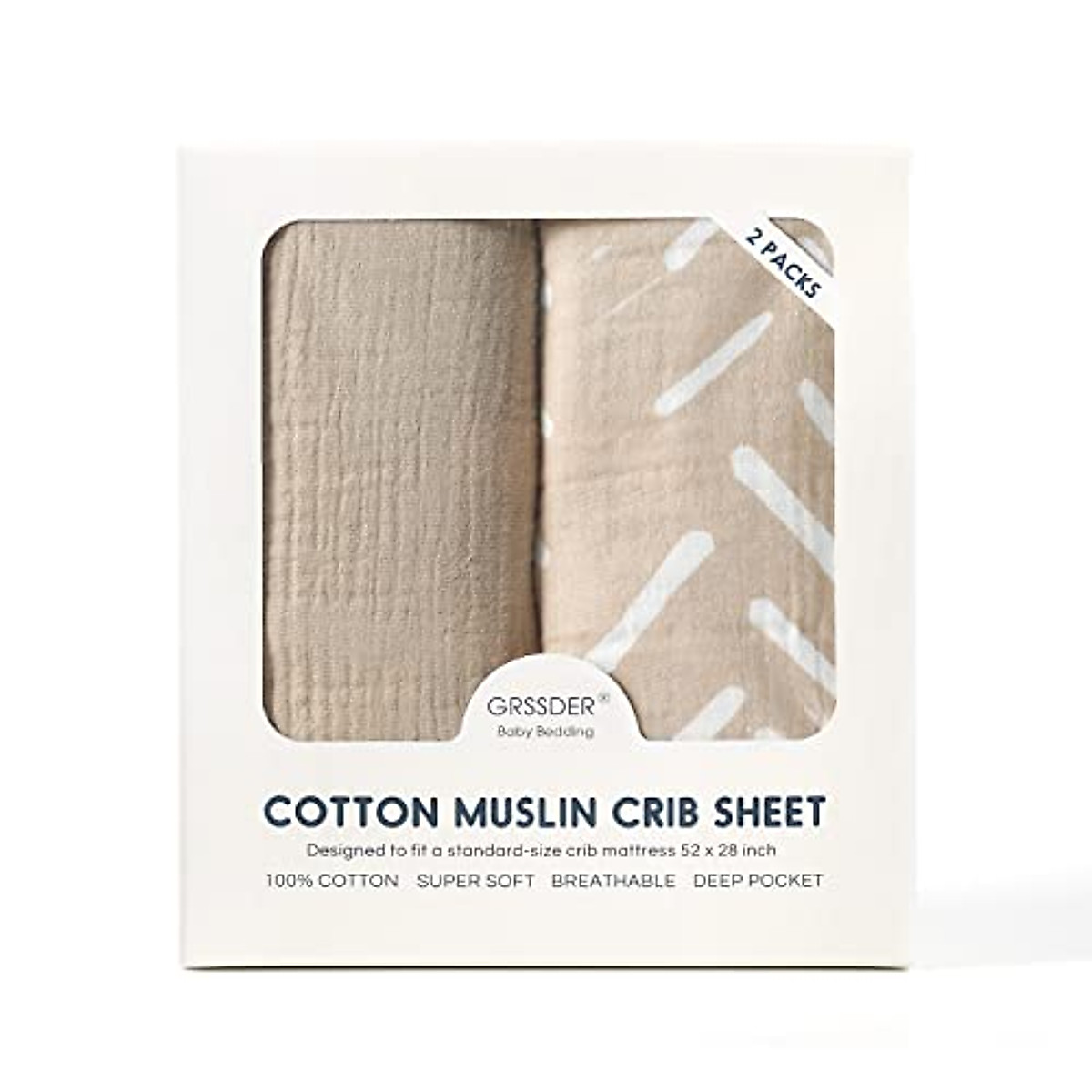 GRSSDER Soft Muslin Crib Sheet 2 Pack, 100% Cotton Crib Sheets for Boys and Girls, Fit Standard Crib Mattresses 52" x 28" Safe and Snug, Taupe/Stripe
