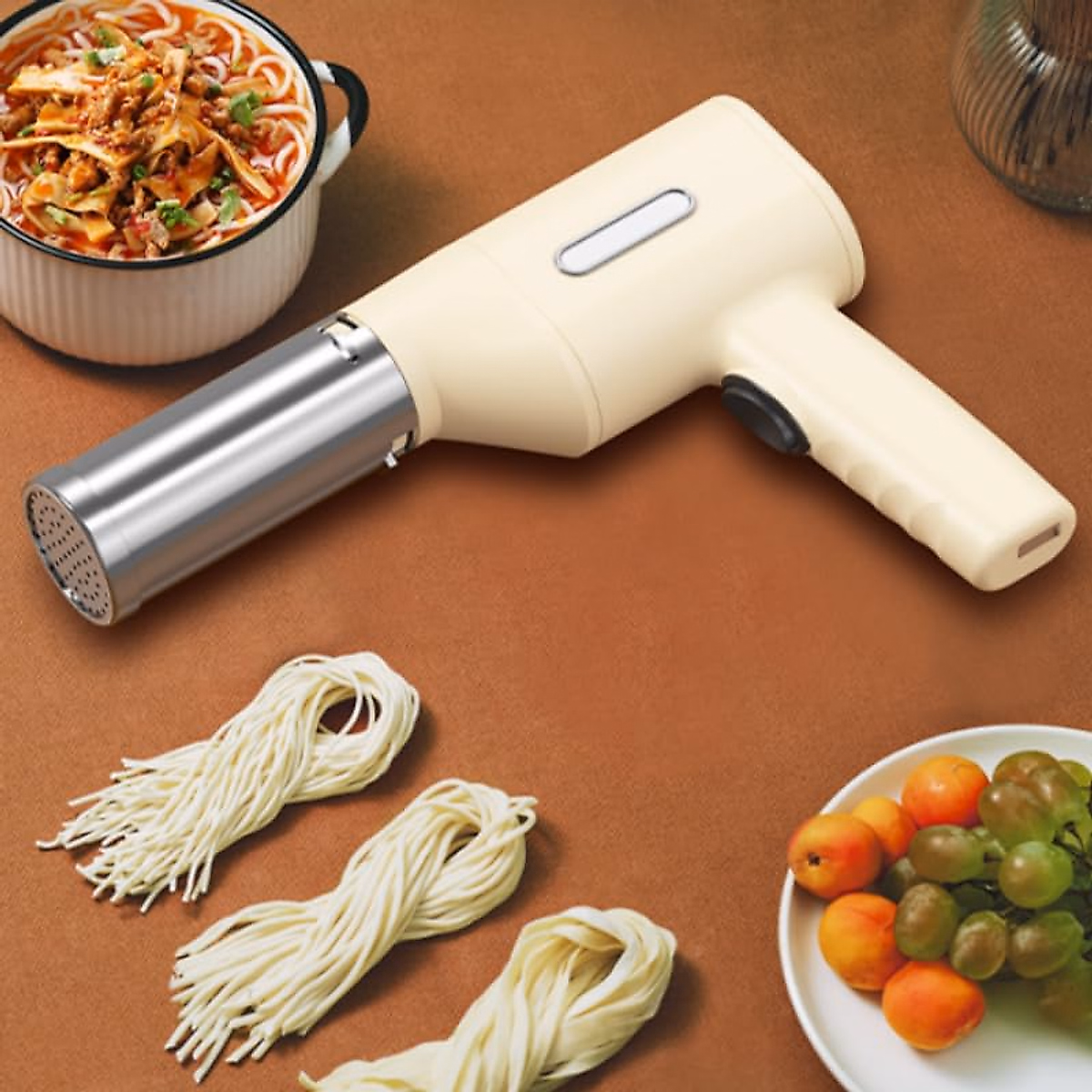 Electric Pasta Makers,Portable Handheld Automatic Mixers,Pasta Gun,Pasta Noodle Ramen Maker Machine,Automatic Portable Handheld Noodle Maker Machine 150W,White (+Five 2.5mm round dough bucket)